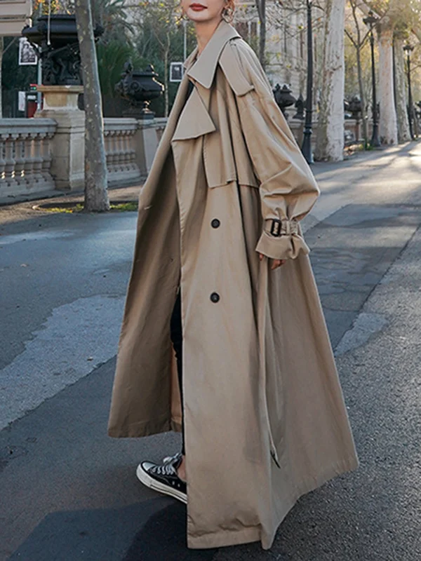 Buckle-Embellished Trench Coat with Split-Back and Lapel Collar