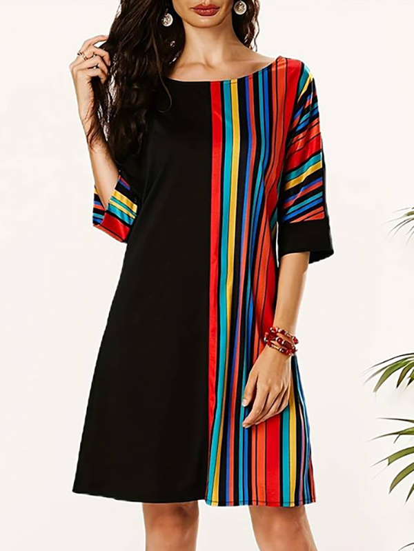Asymmetric Contrast Color Striped Round-Neck Mini Dress with A-Line ...
