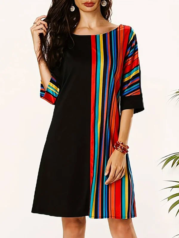 Asymmetric Contrast Color Striped Round Neck Mini Dress With A Line