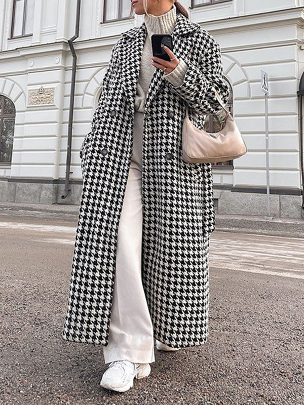 Long Sleeves Loose Houndstooth Split-Back Split-Joint Tied Waist Lapel ...