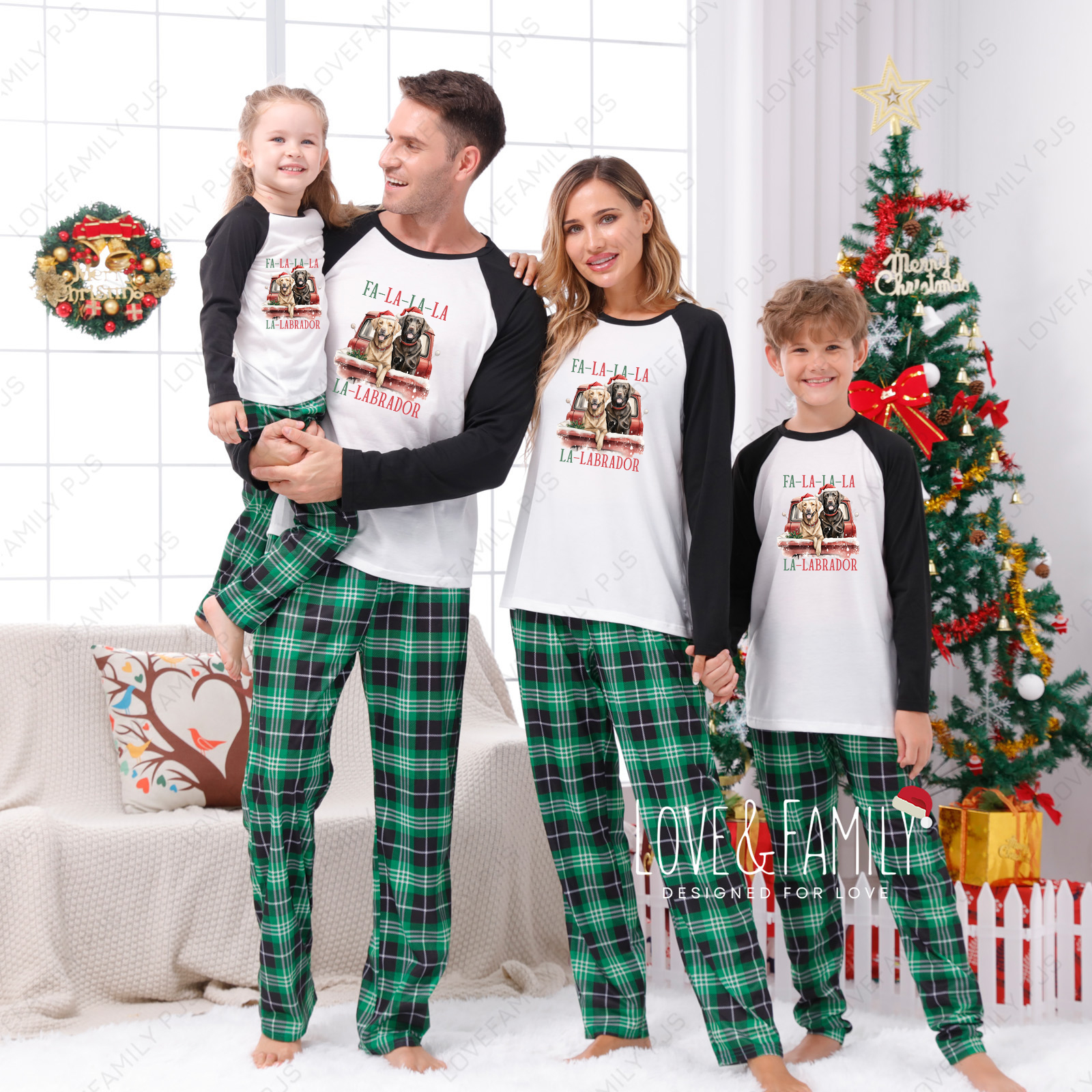 Falalala Labrador Christmas Family Pajamas Green Plaids PJs Set