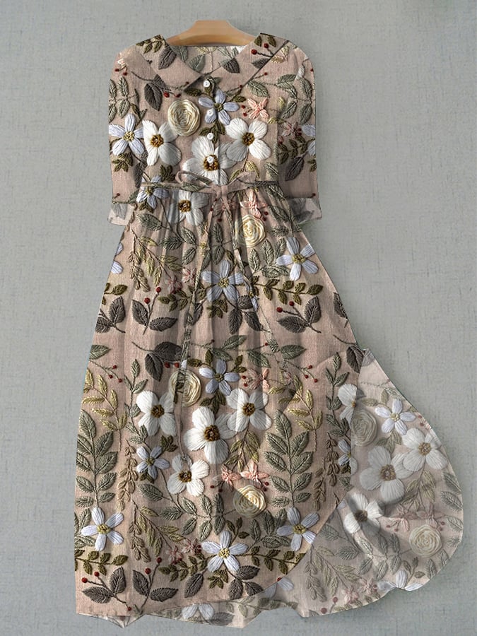 Women's Vintage Botanical Floral Design Print Lace-Up Dress