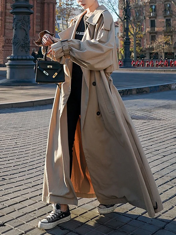 Buckle-Embellished Trench Coat with Split-Back and Lapel Collar