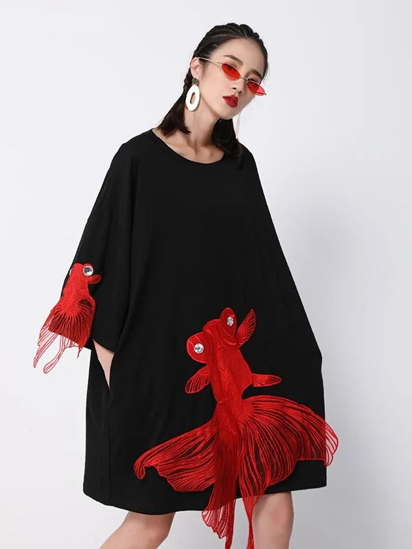 Red Goldfish Embroidered Loose Round Neck T-Shirt Dress - A Playful ...