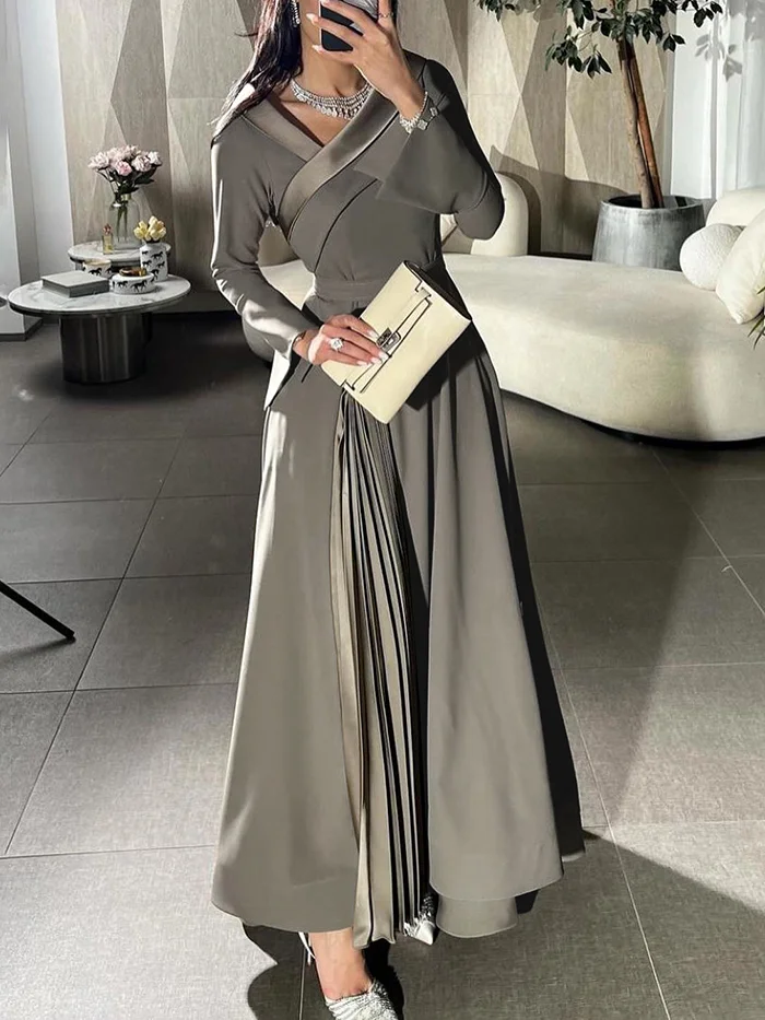 A-Line Wrap Pleated Solid Color Split-Joint V-Neck Maxi Dresses