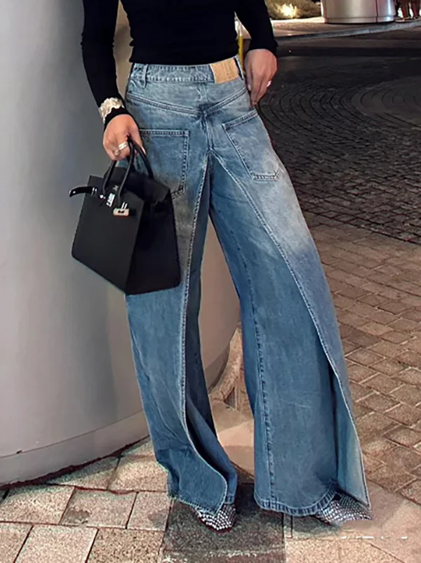 Contemporary Fusion - False Two Reversible Wide-Leg Jean Pants with Pockets