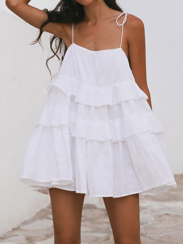 High-Waisted Backless Layered Pleated Mini Dress with Tied Spaghetti Straps
