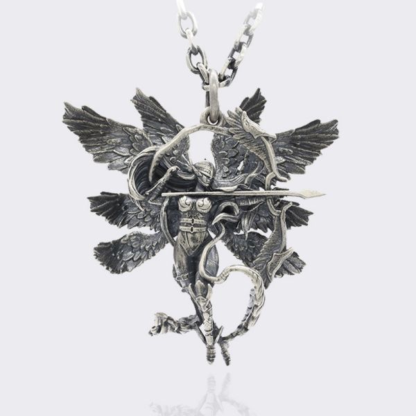 Sterling Silver Fighting Angel Pendant Necklace