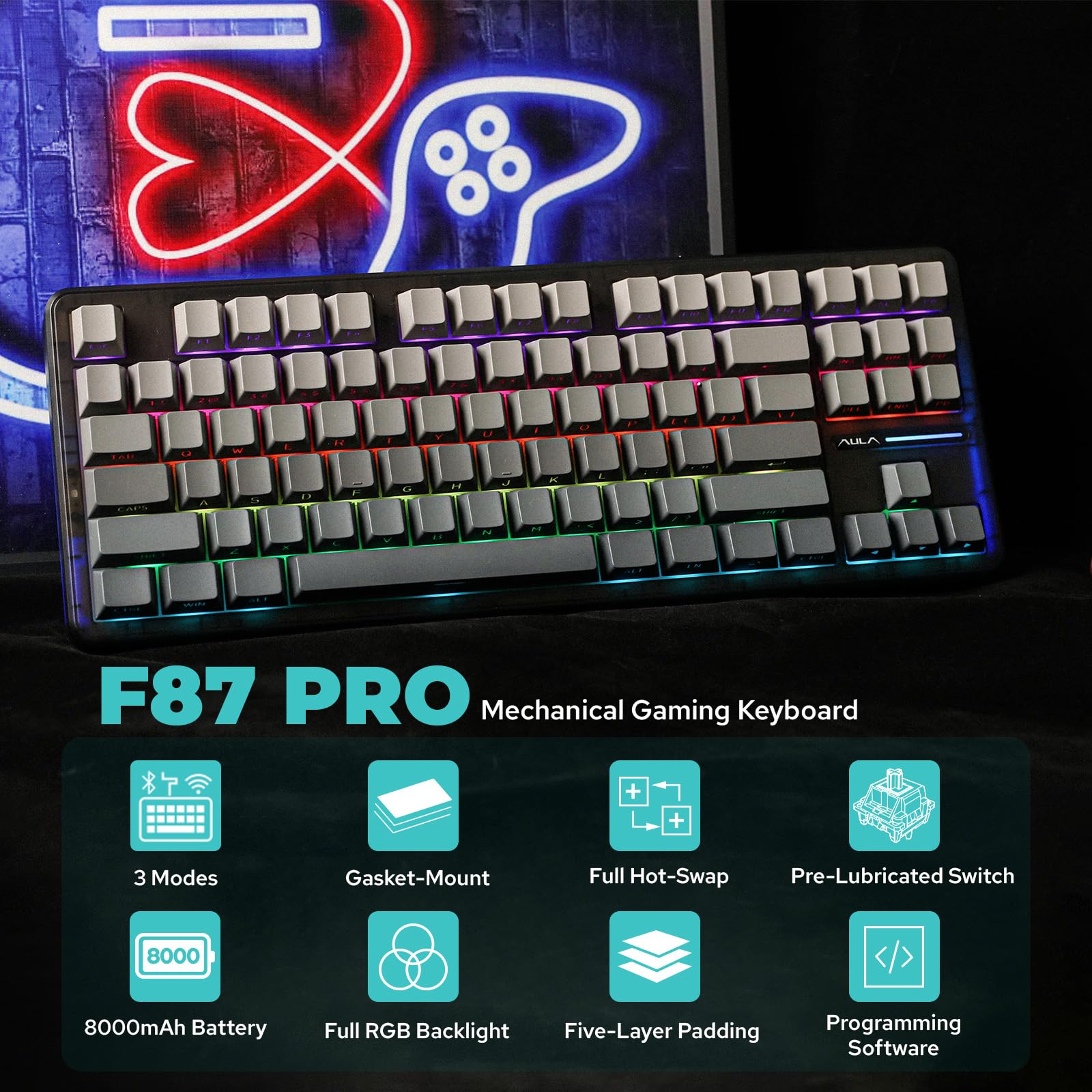 F87 Pro Mechanical Keyboard with Wireless Connector, 3 TKL Modes ...