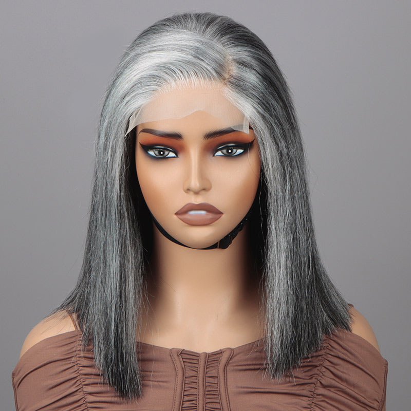 Salt And Pepper Straight Bob Wig For Seniors More Grey Real Human Hair ...