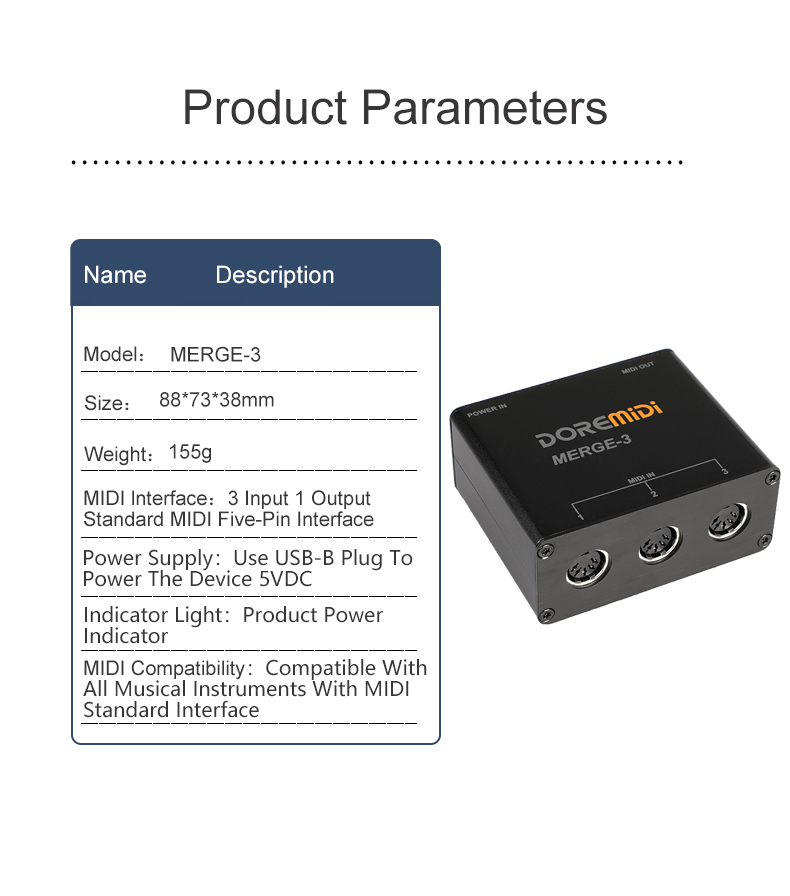 DOREMiDi MIDI Merger-3 MIDI Input 2 MIDI Output Support USB Power MERGE-3