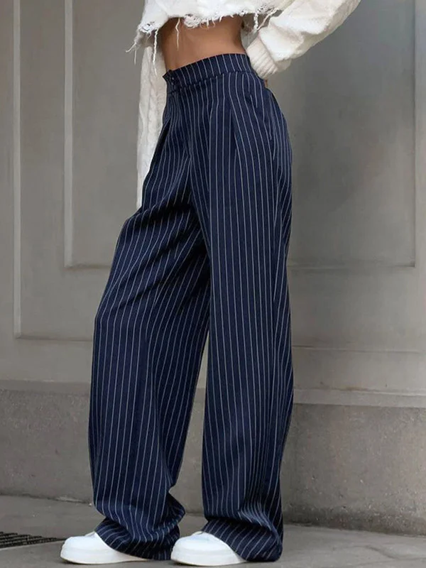 Sophisticated Stripes - High-Waisted Wide Leg Pants with Buttoned Detail