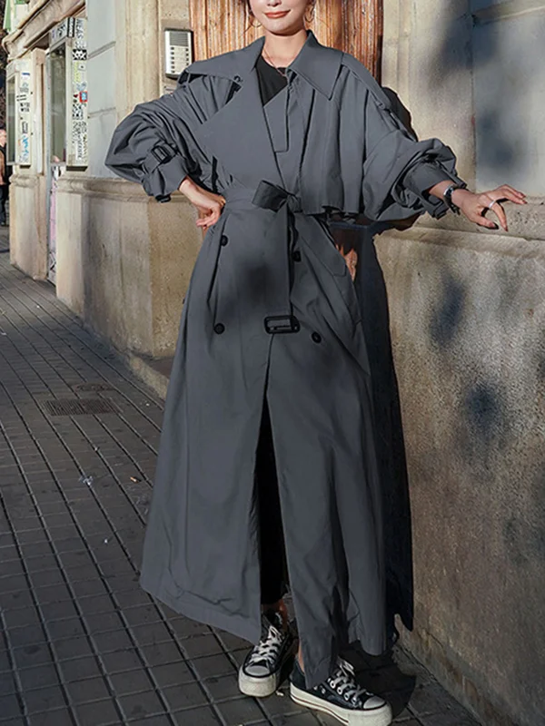 Buckle-Embellished Trench Coat with Split-Back and Lapel Collar