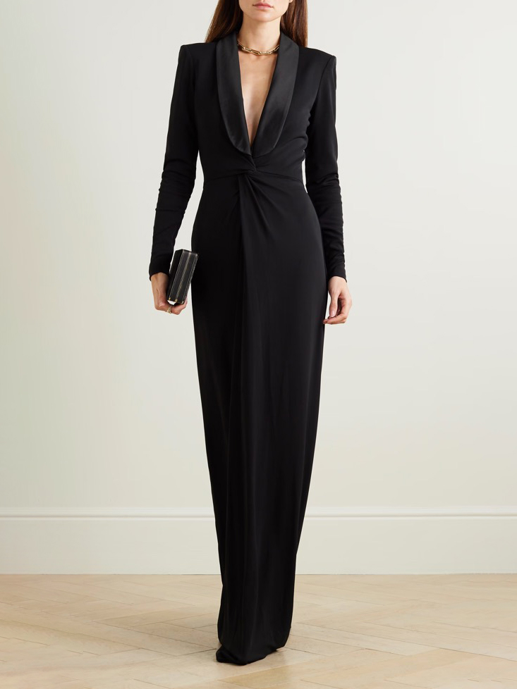 Svelte Elegance: Long-Sleeve Skinny Solid Color Deep V-Neck Maxi Dresses