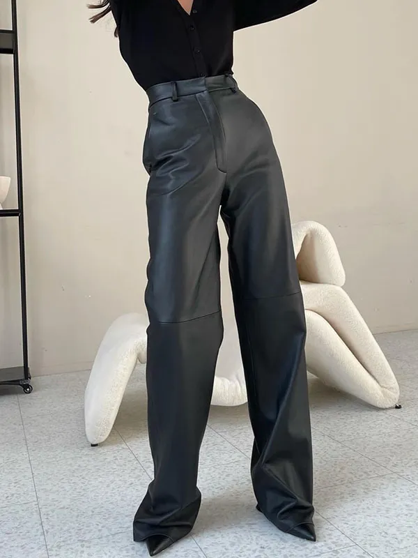 Sleek High-Waisted PU Pants: Skinny/Straight Leg Split-Joint Elegance