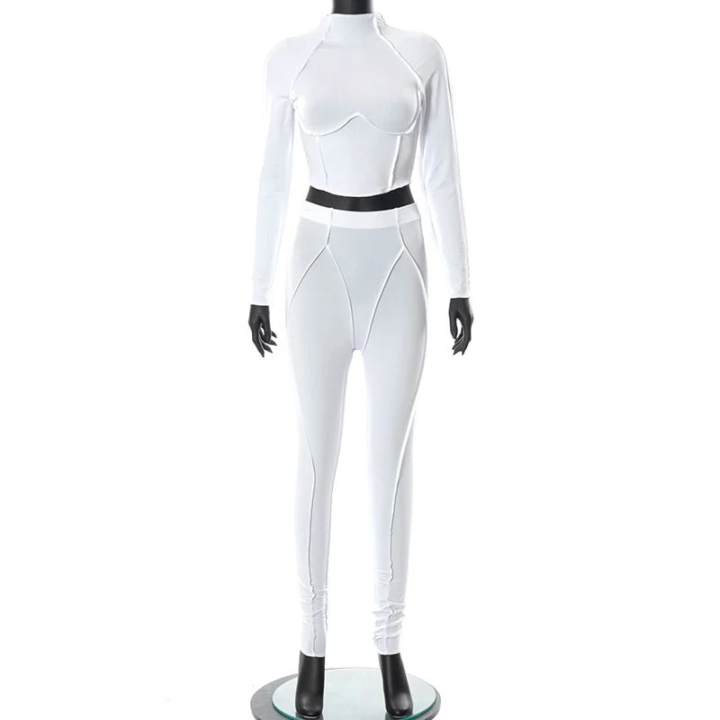 Hawthaw Women Long Sleeve Patchwork Crop Tops Long Pants Two Piece Set ...