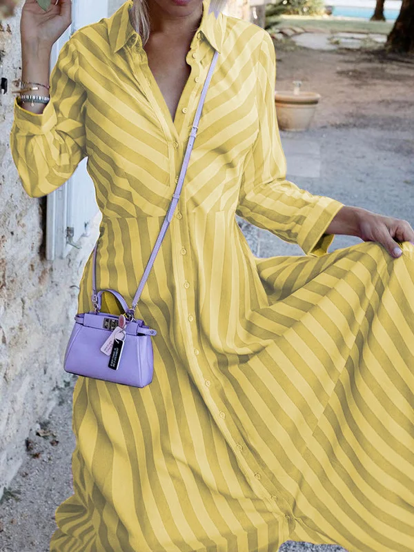 Stylish Long Sleeves Striped Lapel Collar Maxi Dress