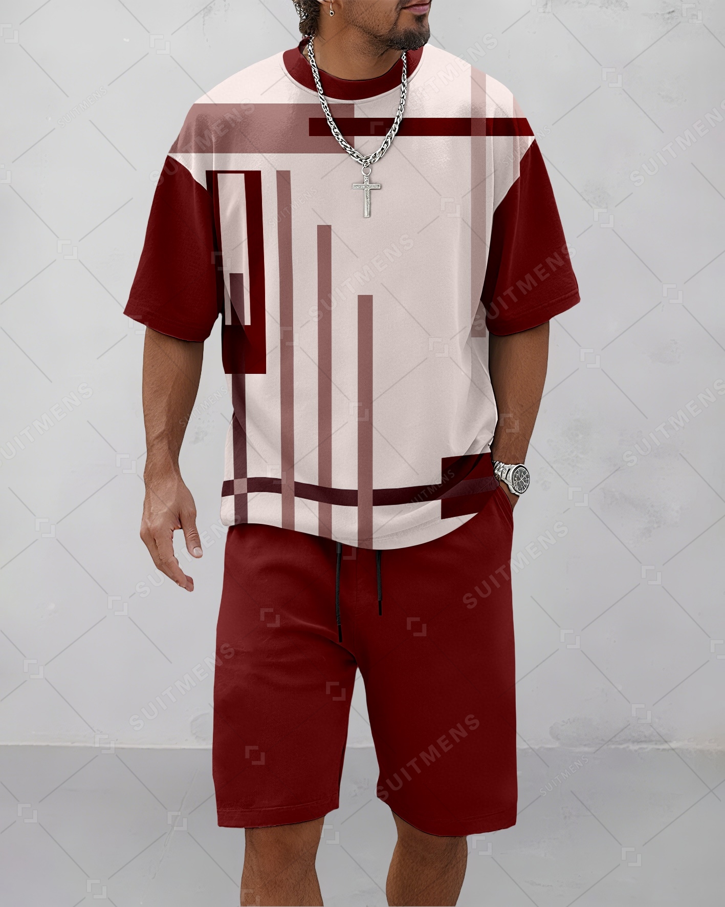 Men's Summer Colorblock Printed Round Neck Suit 062