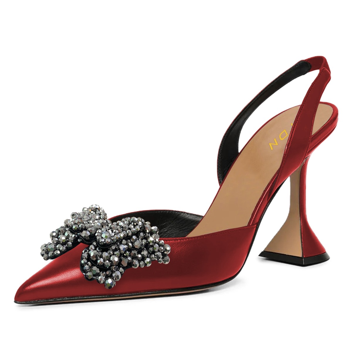 Women's Pointed Toe Flared High Heel Butterfly Metallic Red Pumps