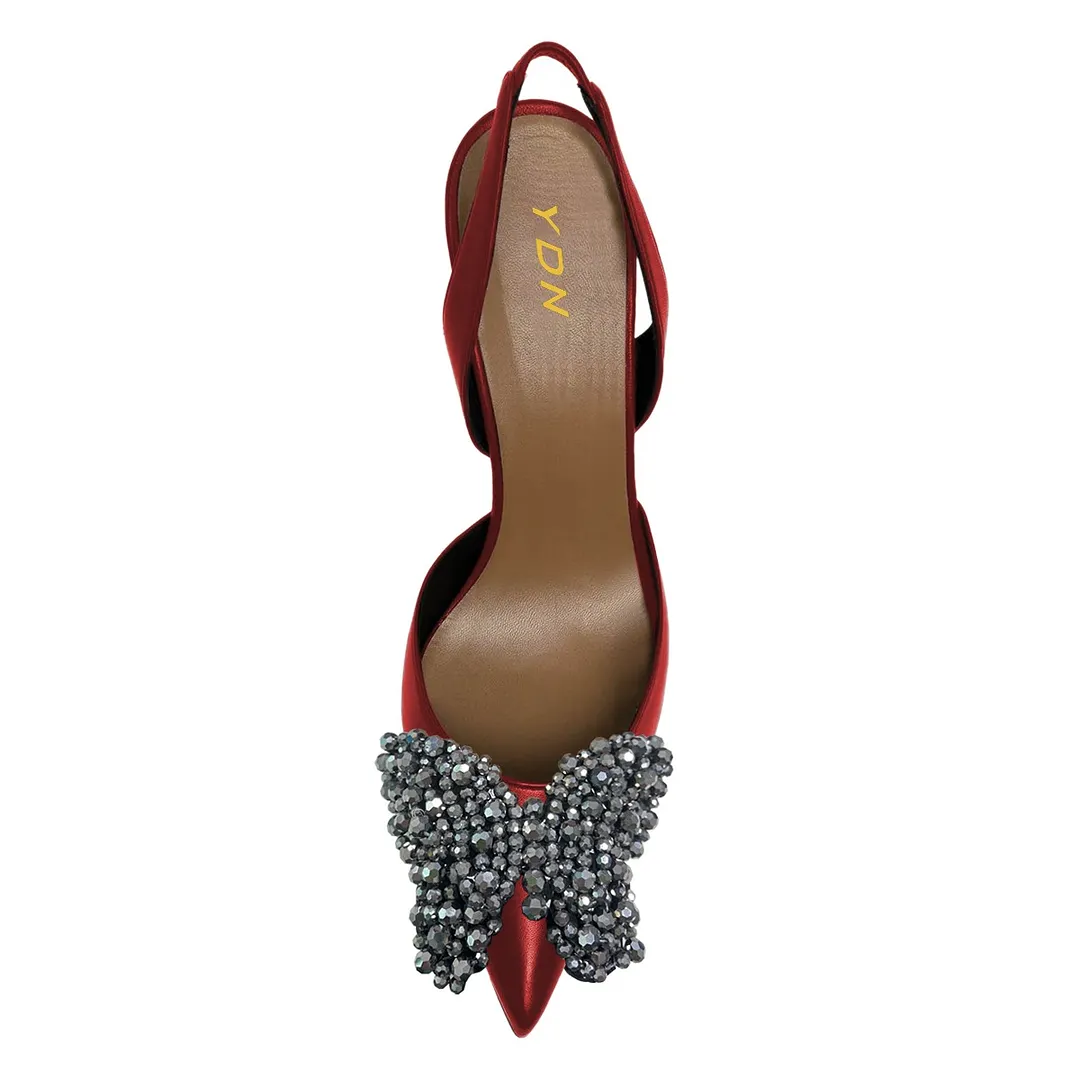 Women's Pointed Toe Flared High Heel Butterfly Metallic Red Pumps