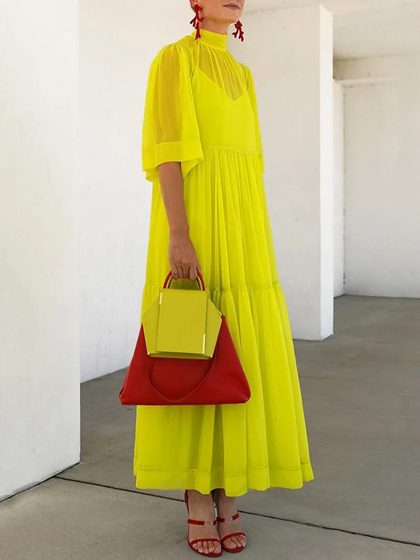 Plus Size Two-Piece Set: Solid Color Split-Joint Inner Dress with Mesh ...