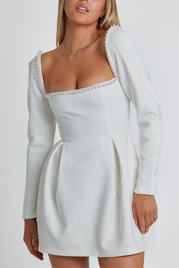 Homecoming Wedding Pearl Square Neckline Bead Trim Mini White Long ...