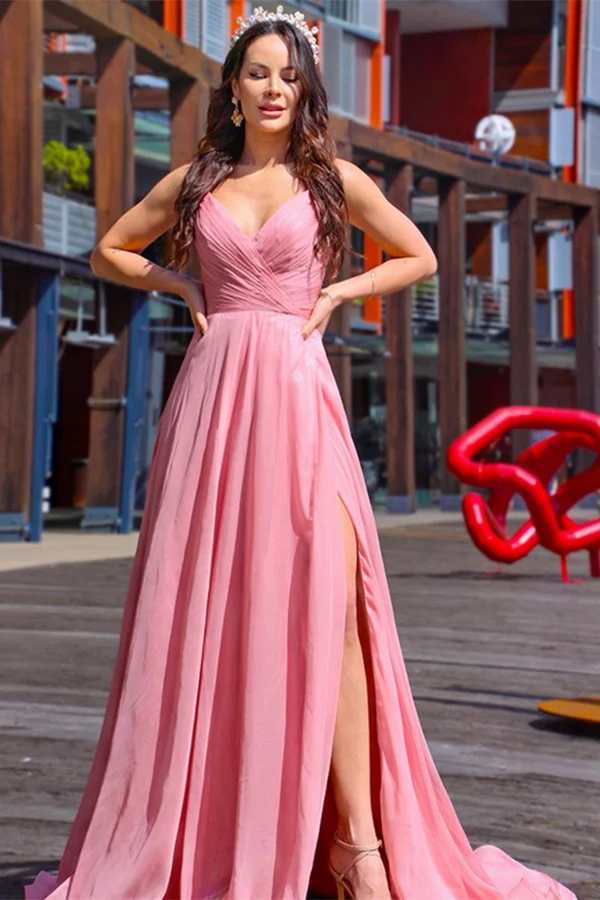 Miabek V Neck Royal Blue Prom Dress With Slit