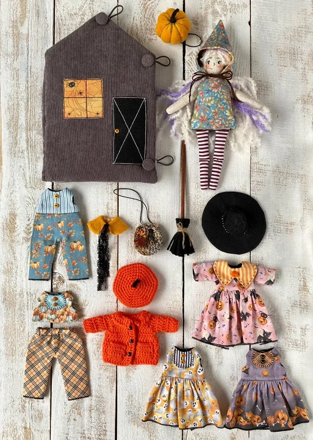 Sewing Witch Doll with Dress & House Template Set - With Instructions