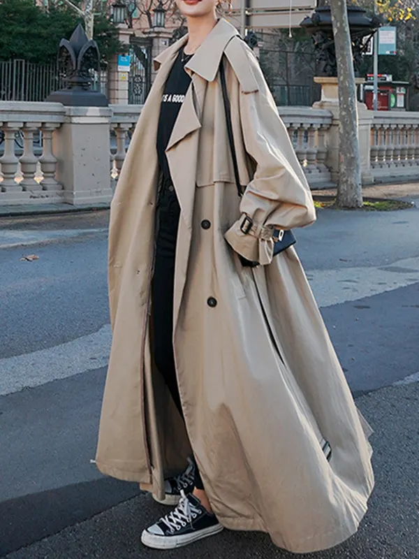 Buckle-Embellished Trench Coat with Split-Back and Lapel Collar