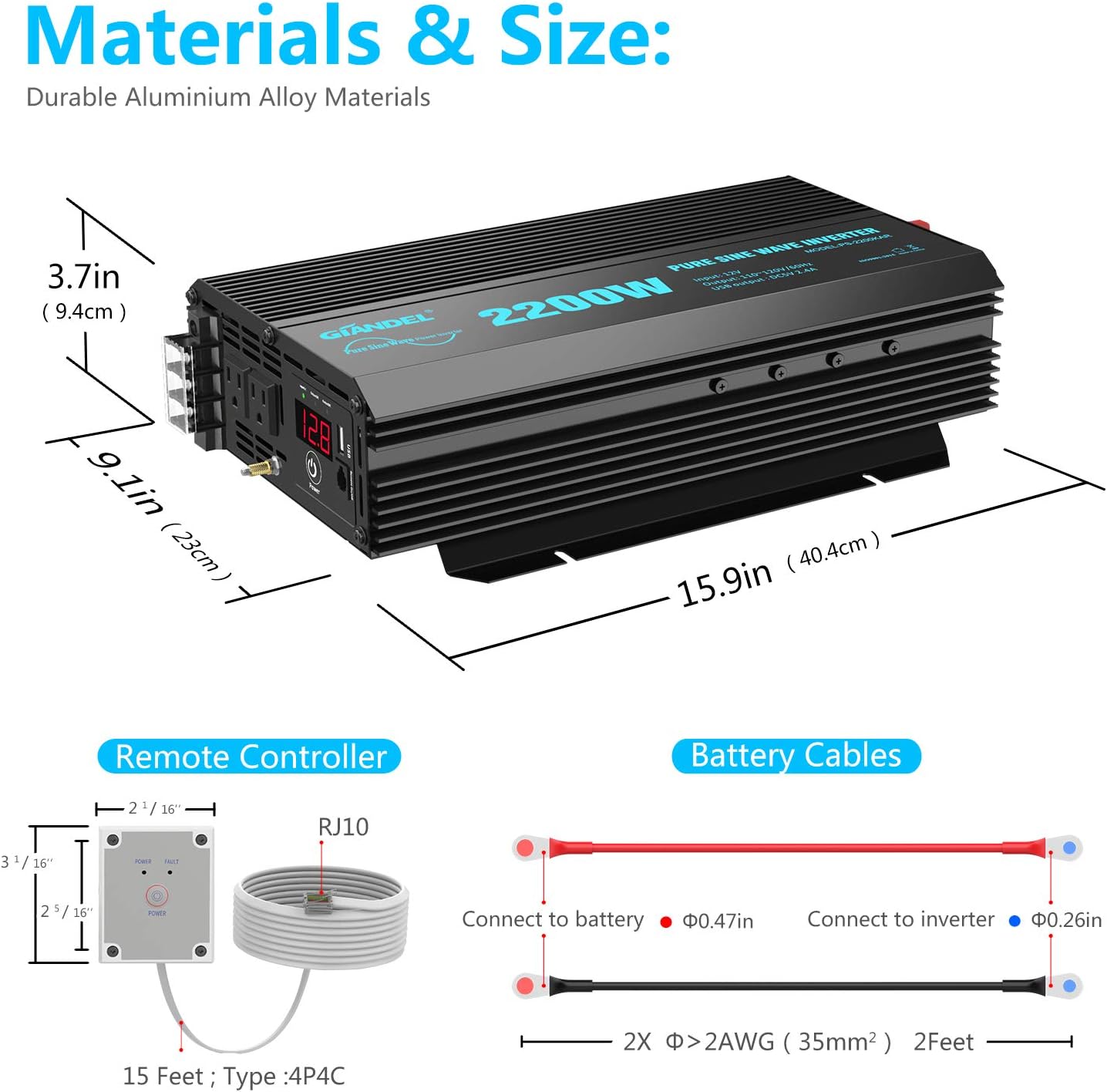 2200Watt Pure Sine Wave Power Inverter DC 12V to AC 120V
