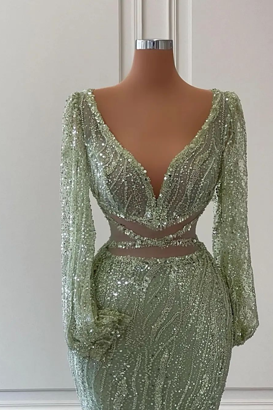 Daisda Light Green Long Sleeves V-Neck Mermaid Evening Dress With Sequins Beads