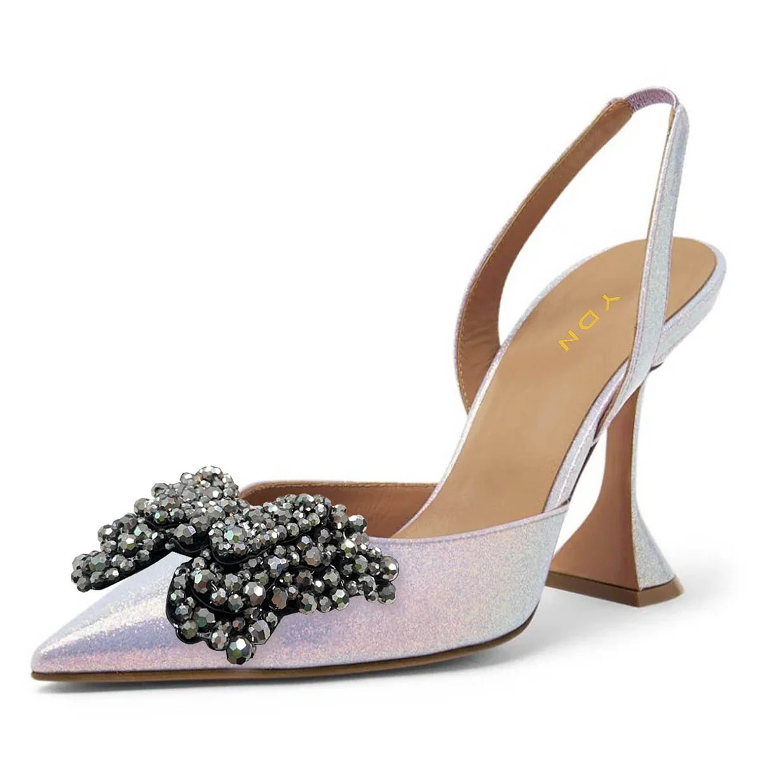 Iridescent Glitter Flared High Heels with Rhinestone Butterfly