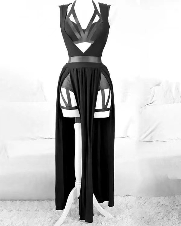 Trendy Sexy Bandaged Cutout Black High Split Mesh Sets