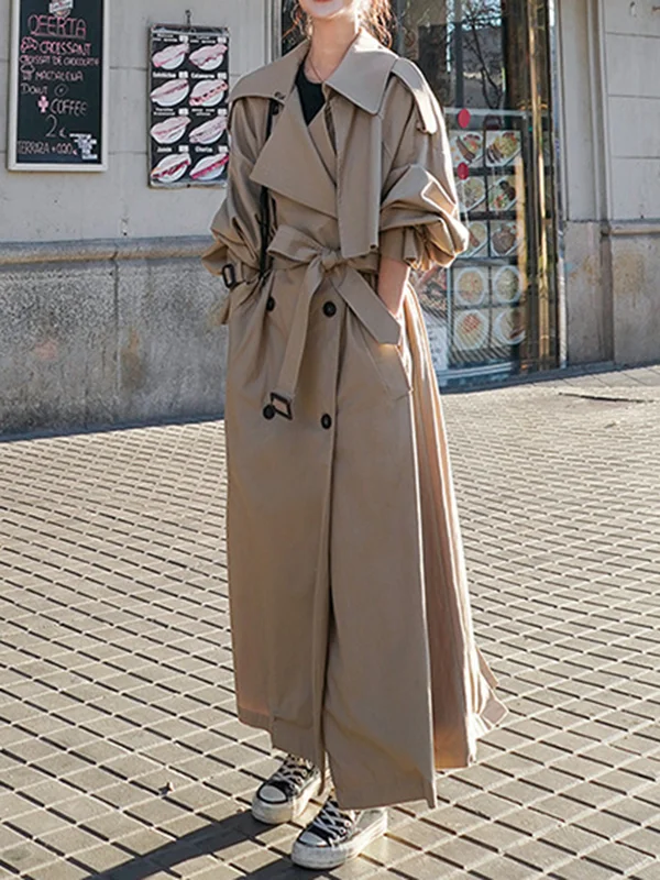 Buckle-Embellished Trench Coat with Split-Back and Lapel Collar
