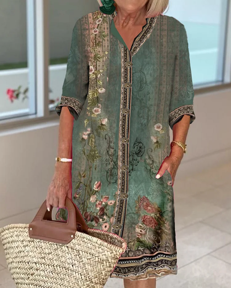 Floral Printed Shirt Collar Tunic Dress For Elderly Women & Senior ...