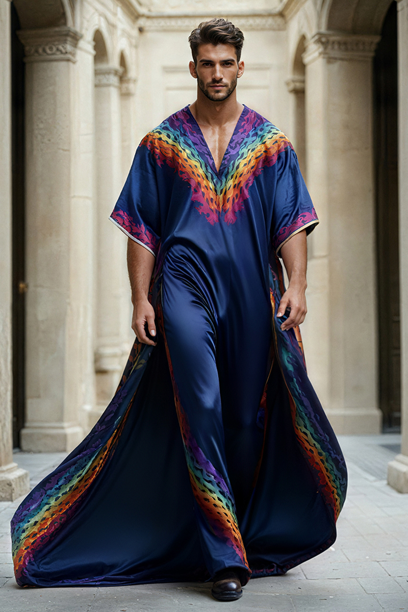 Ciciful Men's Rainbow Flame Print V Neck Pride Flowy Kaftan