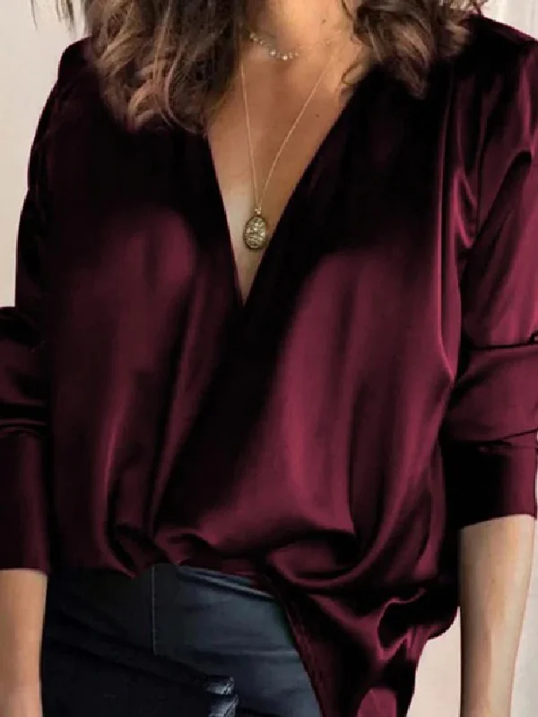 Elegant Solid Color V-Neck Long Sleeves Blouse
