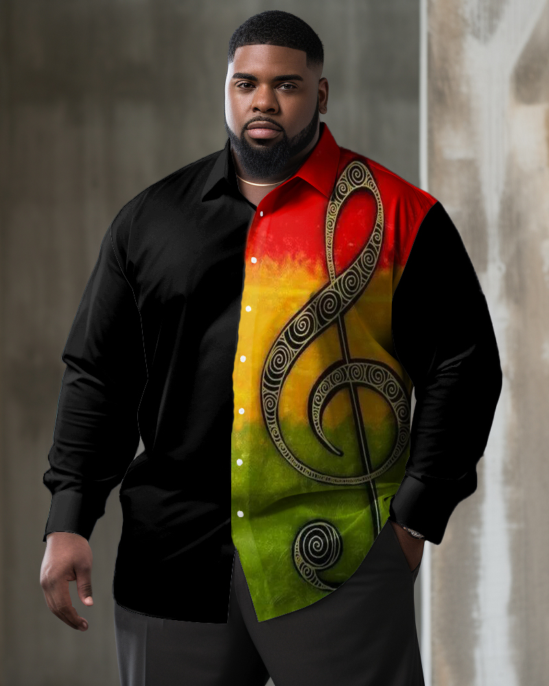 Black Gradient Color Musical Note Print Big Men's Long Sleeved Shirt