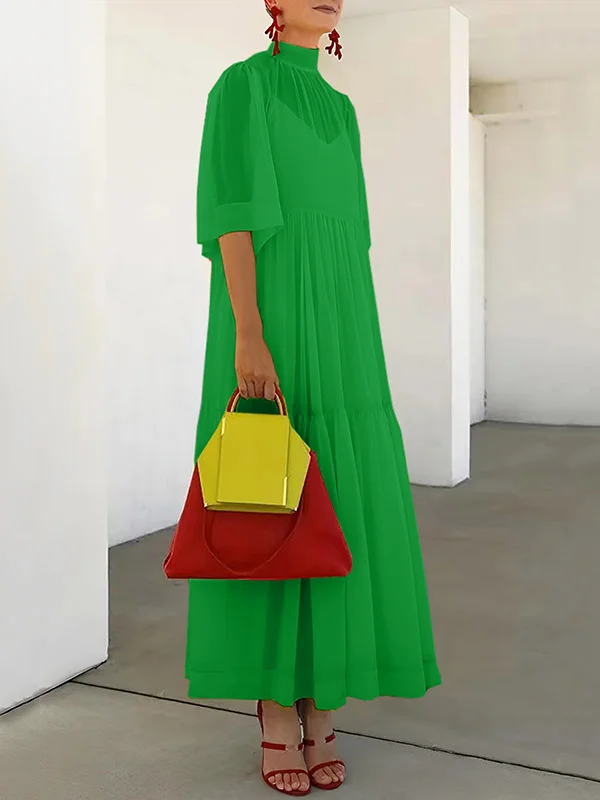 Plus Size Two-Piece Set: Solid Color Split-Joint Inner Dress with Mesh ...