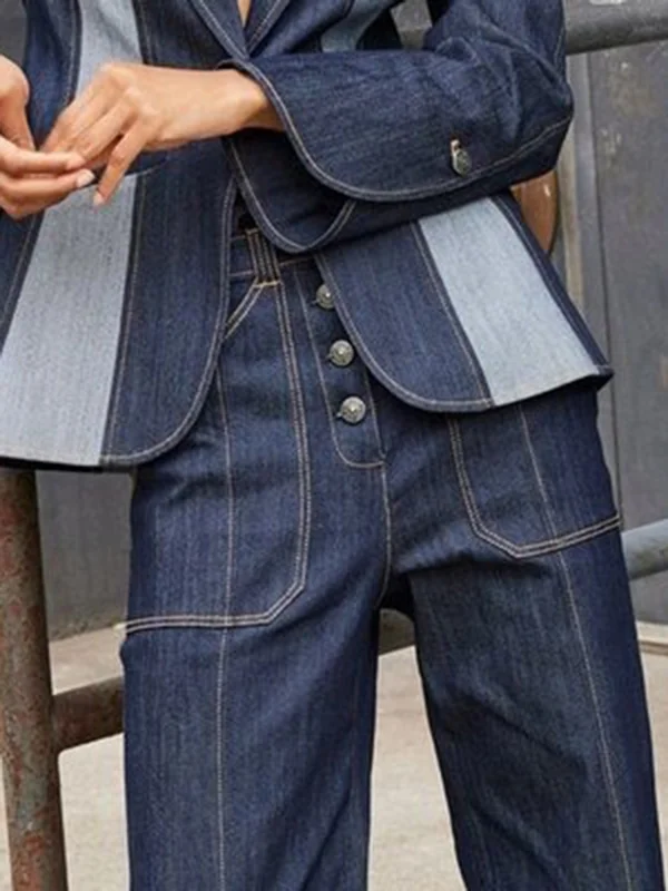 High Waisted Straight Leg Contrast Color Split-Joint Jean Pants Bottom