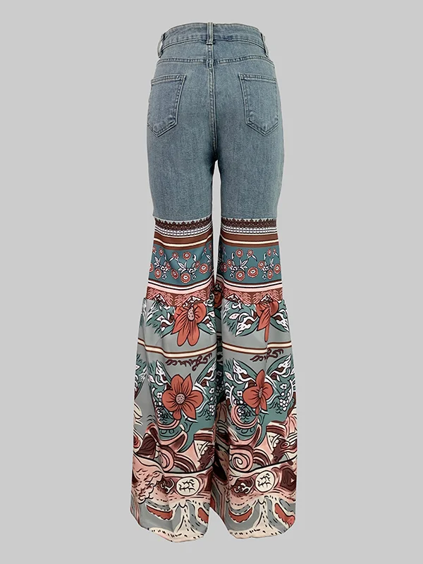 Flared Pants Floral Printed High-Waisted Pockets Jean Pants Bottoms