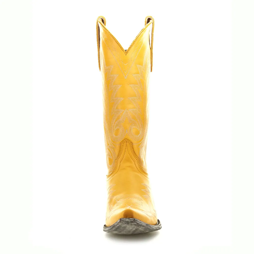 Women's Snip Toe Block Heel Embroidered Mid Calf Yellow Cowgirl Boots