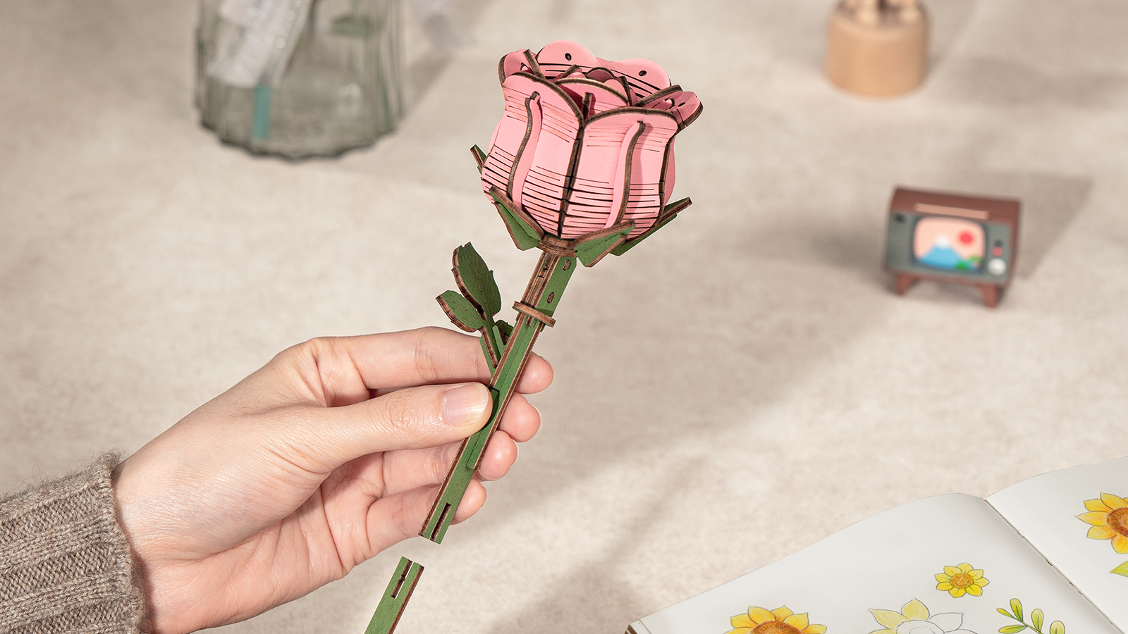 Rowood Wooden Flower Bouquet with Sunflower, Lilac, Red Camellia, and ...