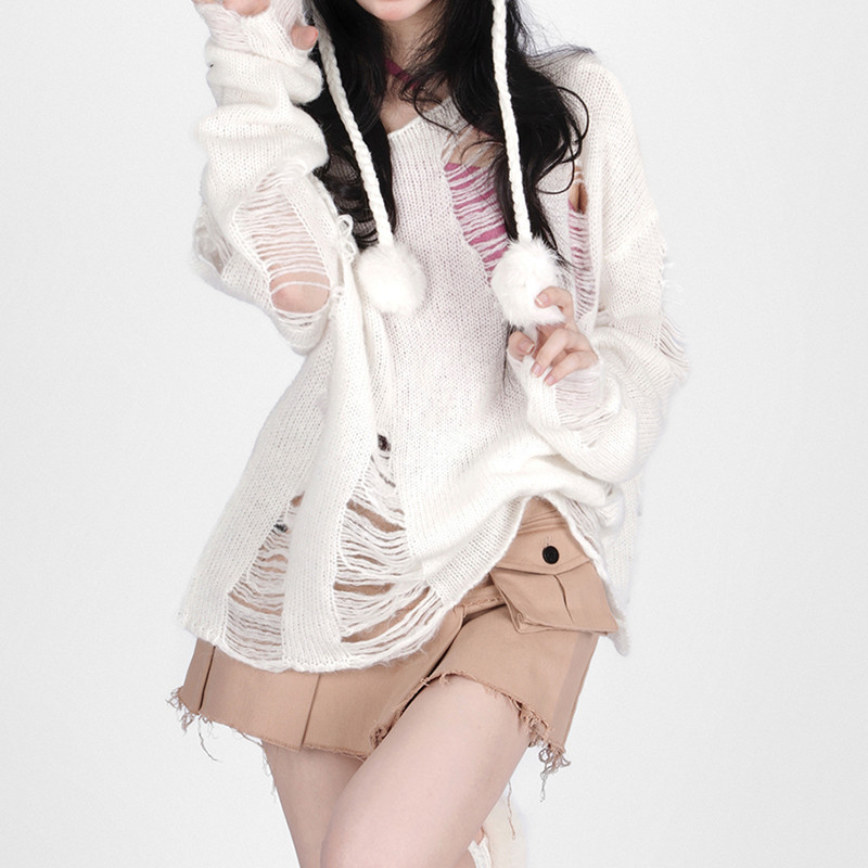 OBLIQUE SHOULDER RIPPED HOLLOW LONG SLEEVE KNIT TOP