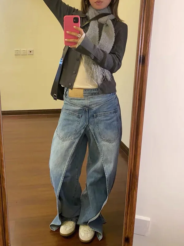 Contemporary Fusion - False Two Reversible Wide-Leg Jean Pants with Pockets