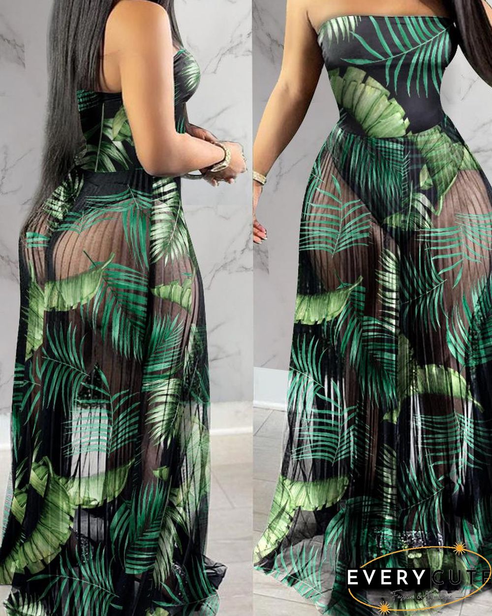 Floral Print Off Shoulder See-through Sheer Mesh Maxi Dress