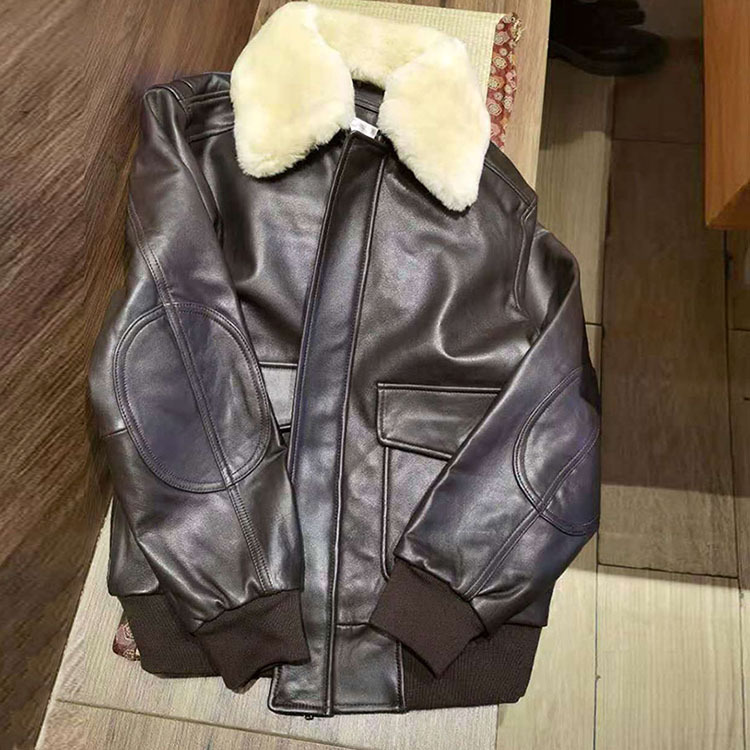 Men's Sheepskin Jacket Wool Collar Aviation Flight Suit Leather Jacket