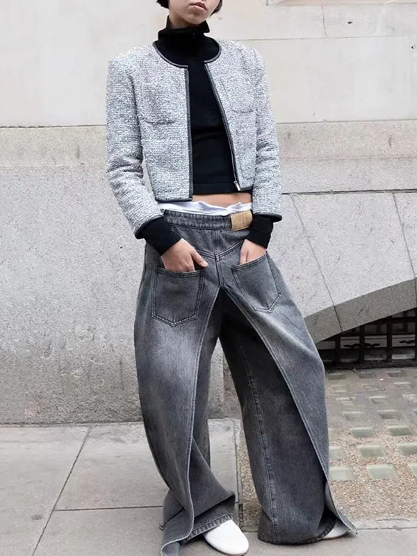Contemporary Fusion - False Two Reversible Wide-Leg Jean Pants with Pockets